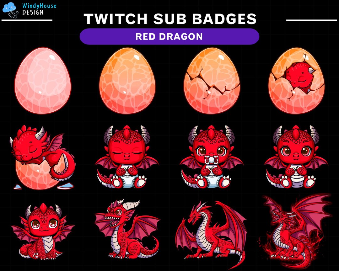 Twitch Sub Badges Mystic Red Dragon, Fantasy Stream Badge Set for ...