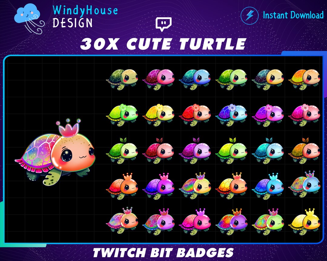 30x Cute Turtles Bit Badges / Complete Twitch Bit Badges Set/ Twitch Tier Badges, Animal Sub ...