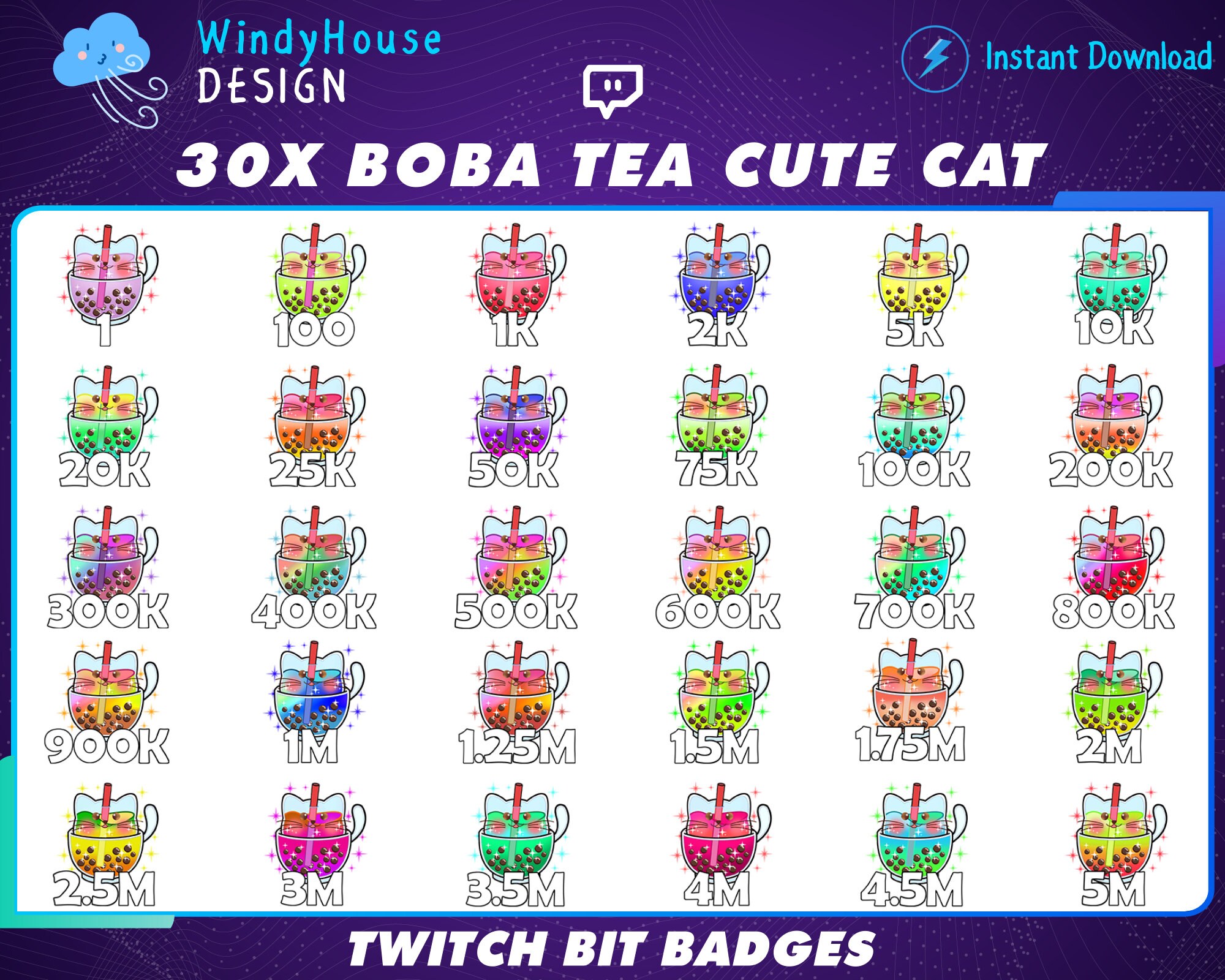 30x Boba Tea Twitch Bit Badges Cute Cat Twitch Bit Badges - Etsy
