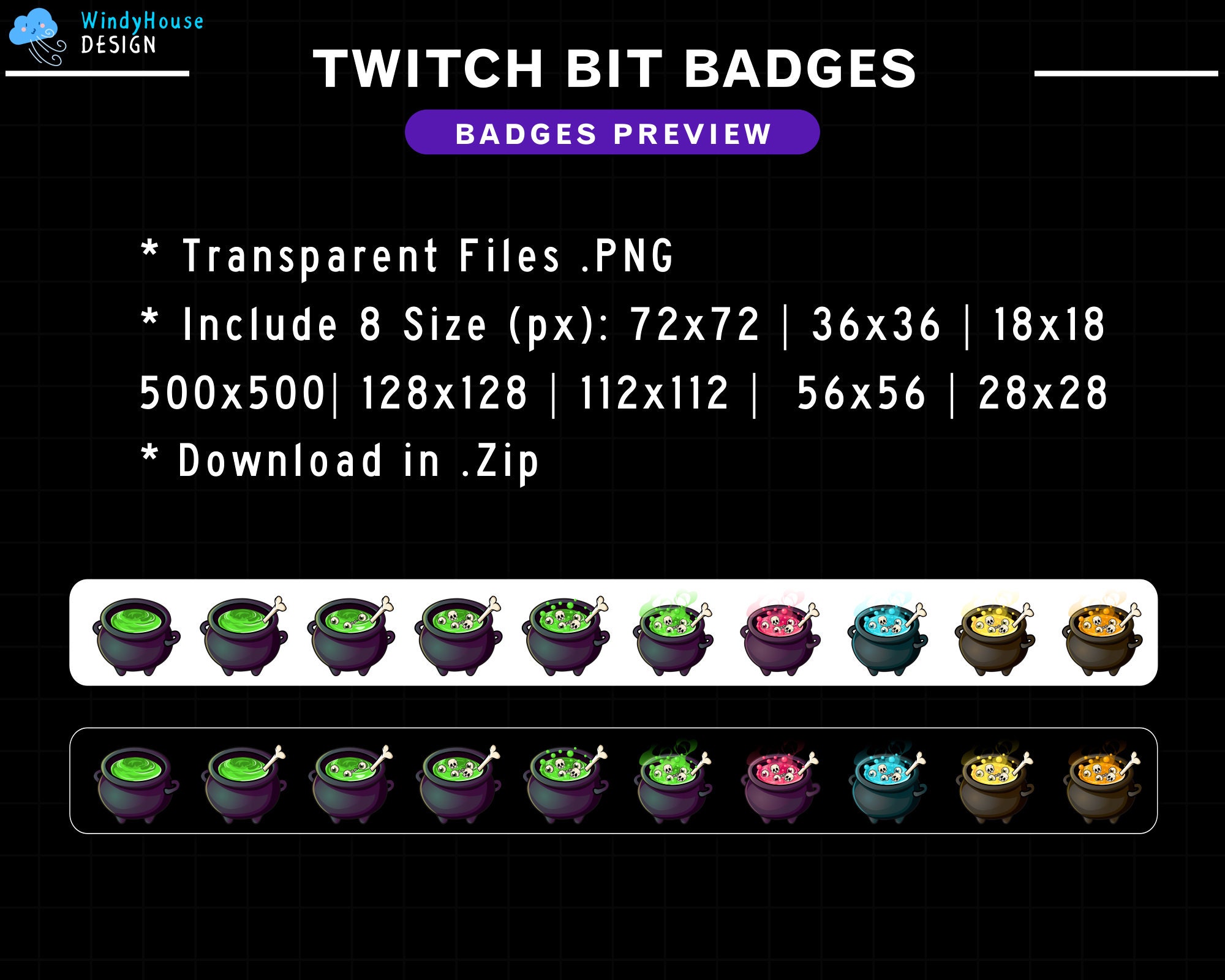Set of 30 Magic Cauldron Twitch Bit Badges, Skull Sub Badges for ...
