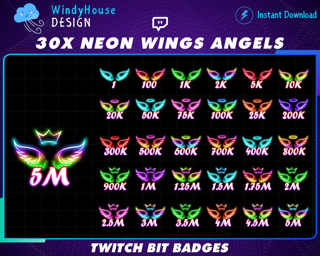 Set of 30 Neon Wings Angels Twitch Bit Badges, Colorful Wings Sub ...