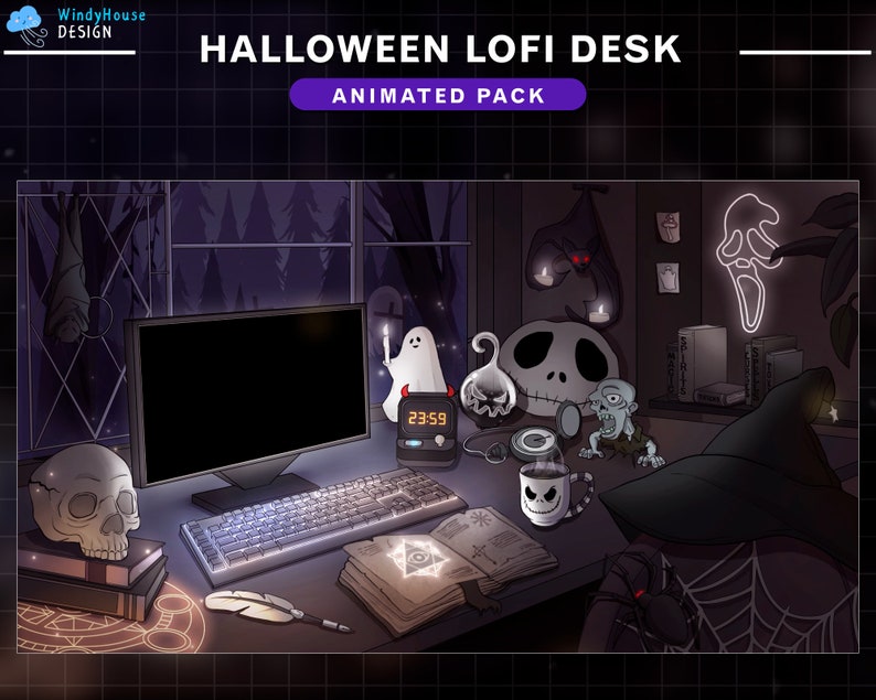 Animated Twitch Sream Full Package Halloween Lofi Desk Black & White ...