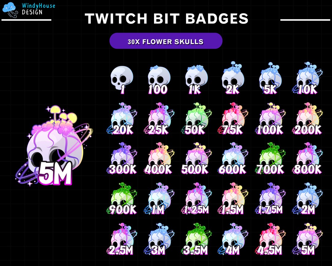 30x Cute Skull Twitch Bit Badges / Complete Twitch Bit Badges Set ...