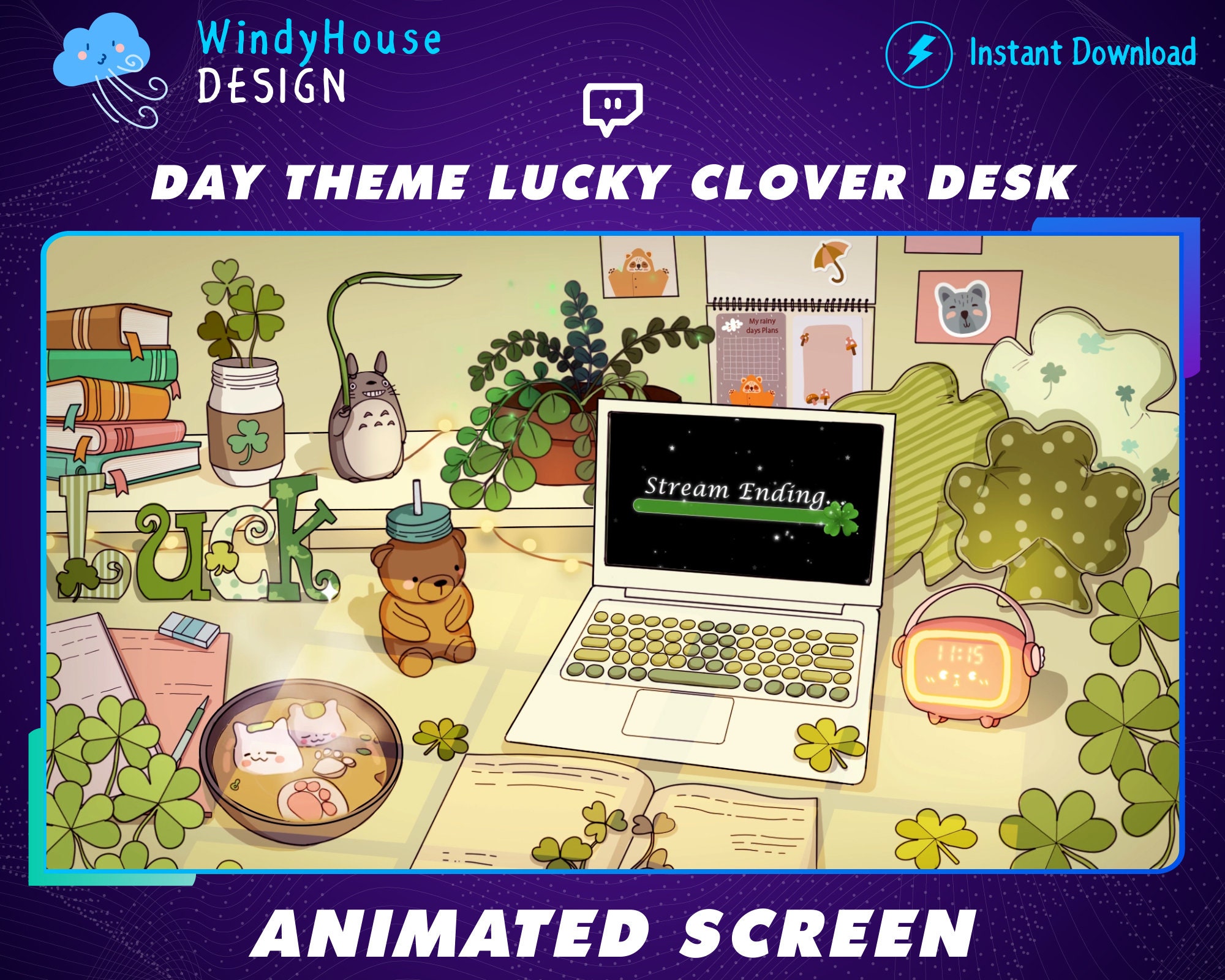 Cozy Twitch Overlay Stream Screen Clover Lofi Desk Stream - Etsy