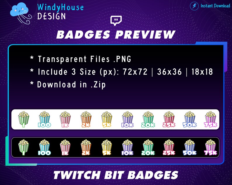 30x Popcorn Twitch Bit Badges Full Twitch Bit Badges Set - Etsy