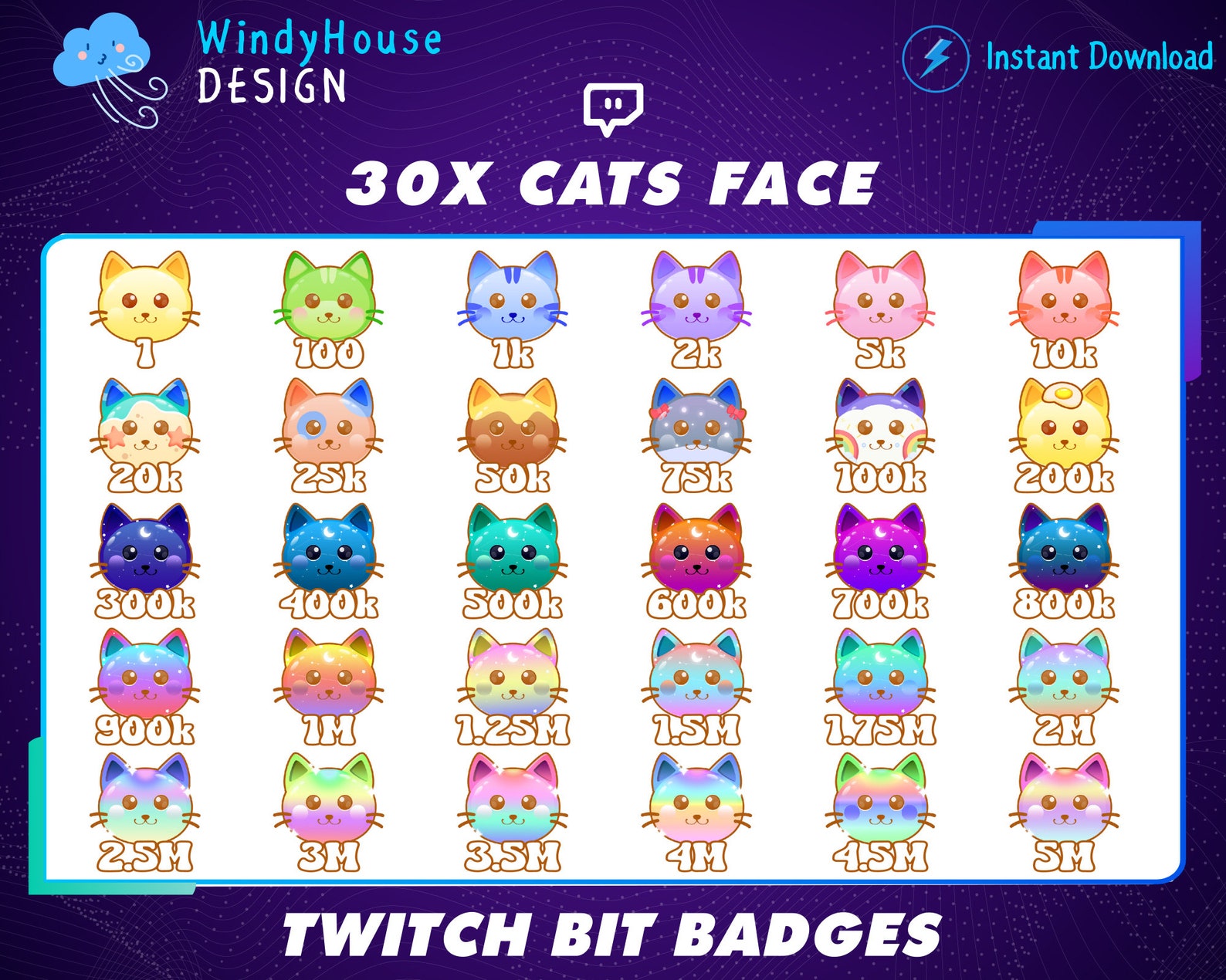 30x Cats Face Twitch Bit Badges, Cute Cat Bit Badges Set, Twitch Tier ...