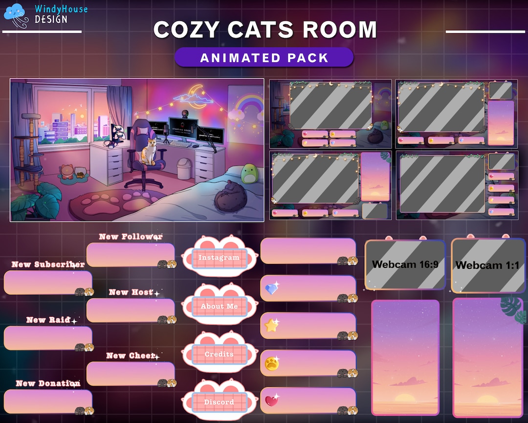 Animated Stream Package Cozy Cats Room , Cozy Bedroom Twitch Overlay ...