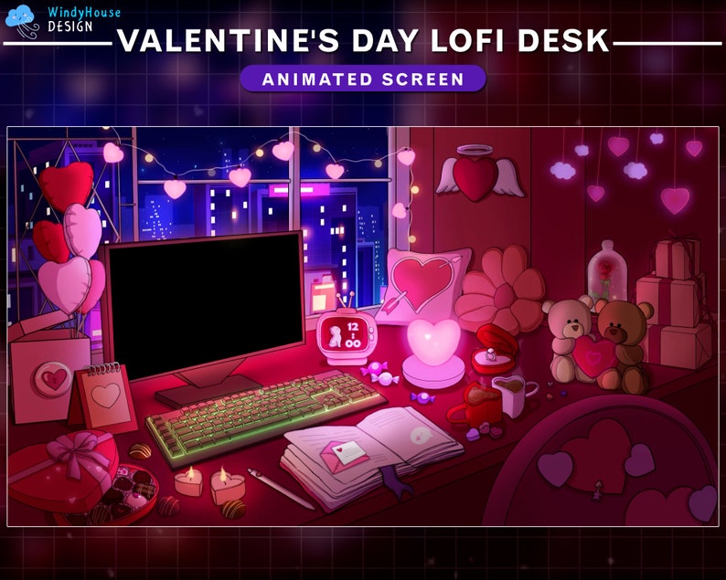 Animated Cozy Aesthetic Pink Lo-fi Desk Stream Screens, Valentine ...