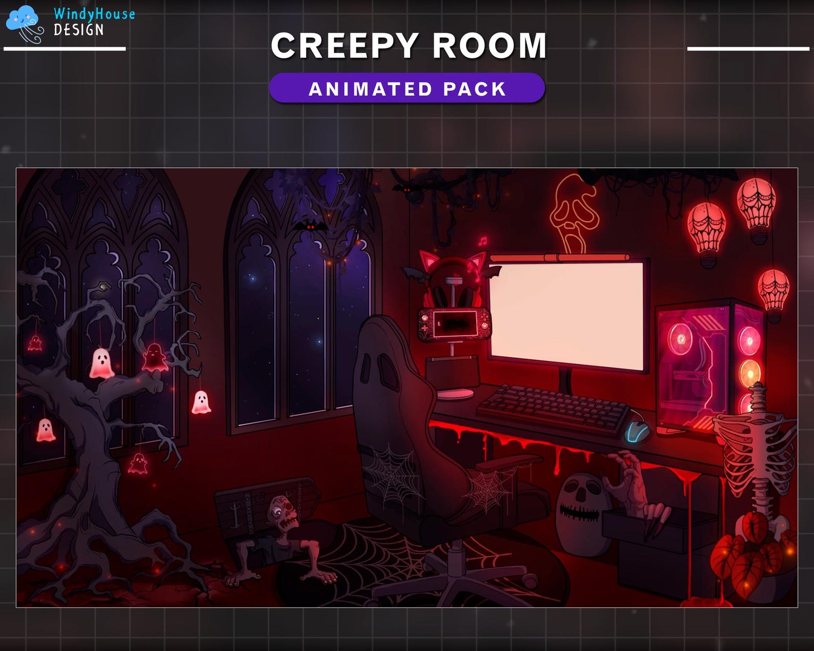 Animated Twitch Full Package Creepy Room, Halloween Room Stream Screens ...