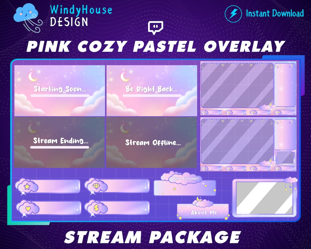 Pink Cozy Pastel Twitch Overlay Stream Package, Moon Twitch Overlay ...