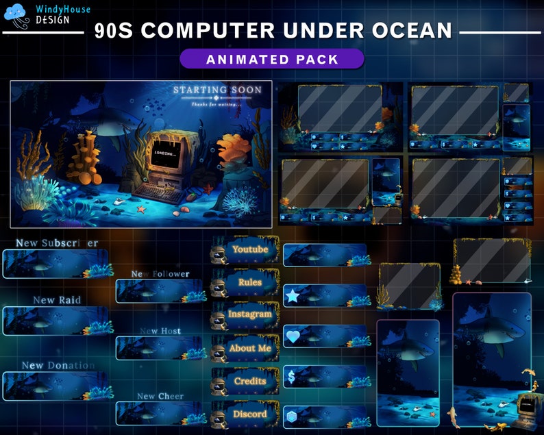 Animated Stream Package 90s Computer Under Ocean, Ocean Twitch Overlay ...