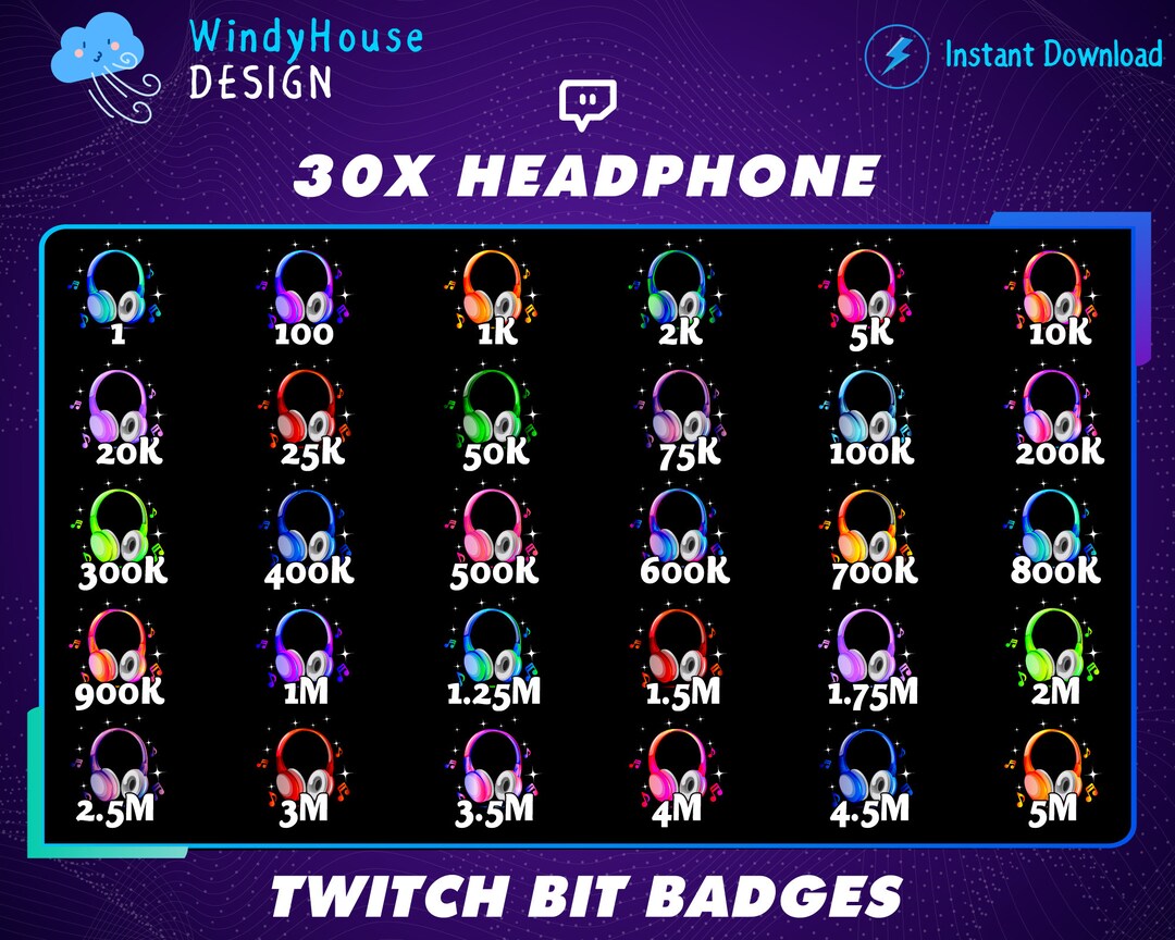 30x Headphone Twitch Bit Badges, Cute Bit Badges Set, Twitch Tier ...