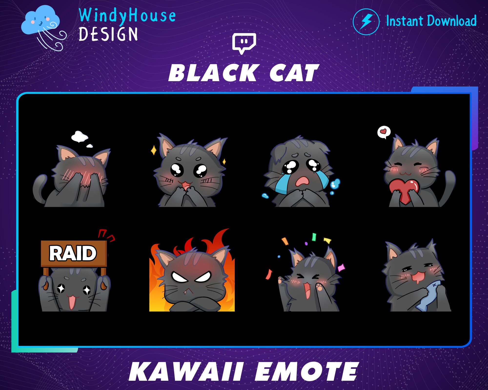Cute Cat Twitch Emotes, Black Cat Stream Emote, Ready to Use for Twitch ...