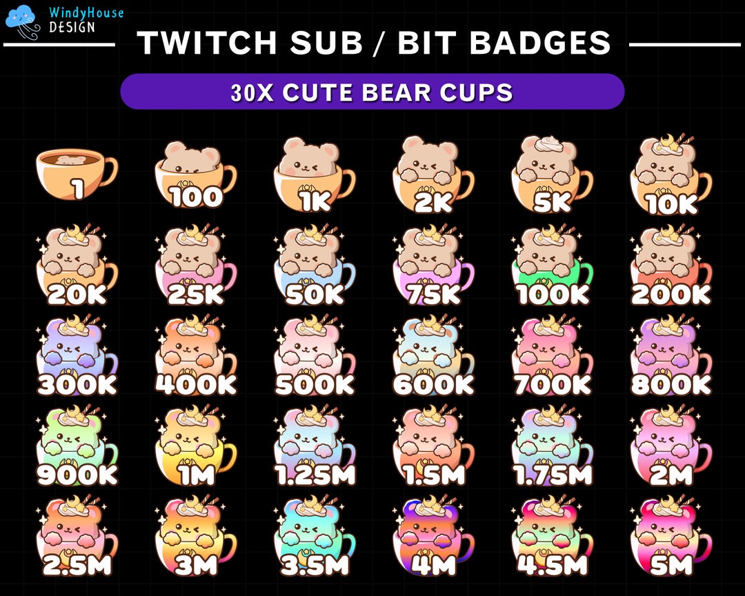 30x Bear Cups Twitch Bit Badges, Cute Bear Bit Badges Set, Twitch Tier ...