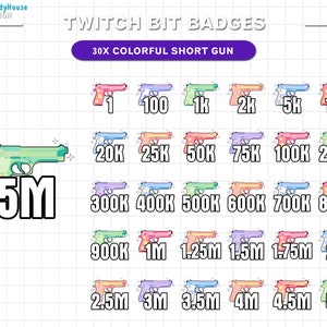 30x Pistols Twitch Bit Badges, Short Gun Bit Badges Set, Twitch Tier ...