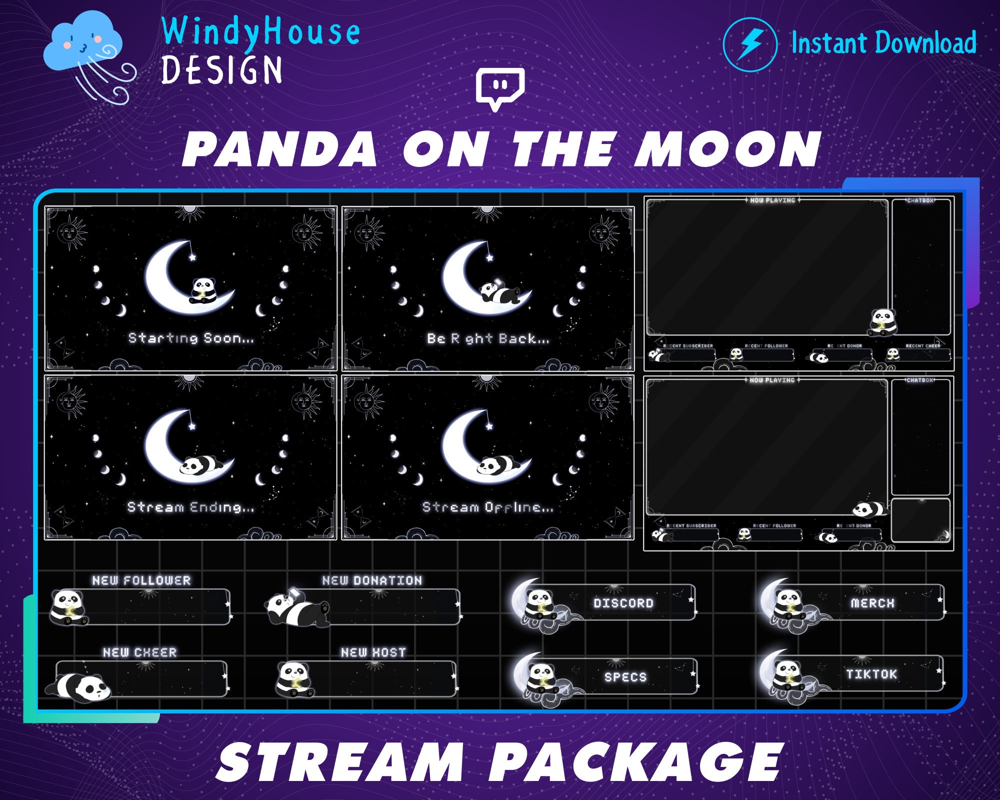 Animated Panda Twitch Overlay Stream Package / Celestial Night Overlays ...