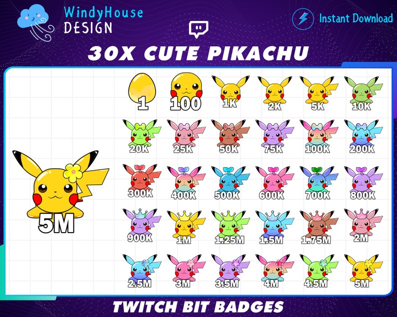30x Pikachu Bit Badges / Pokemon Twitch Bit Badges Set / Twitch Tier ...