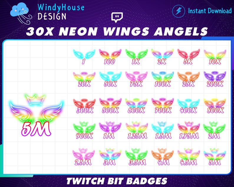 Set of 30 Neon Wings Angels Twitch Bit Badges, Colorful Wings Sub ...