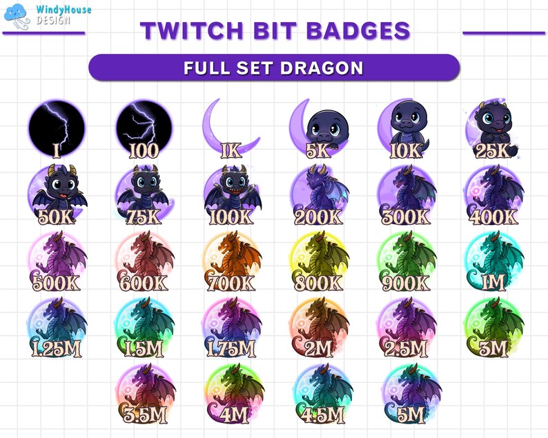 Full Set Magical Moon Dragon Twitch Bit Badges, Dragon Evolution Purple ...