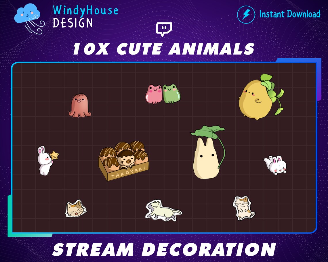 Animated 10x Cute Animals Stream Decoration, Cute Bunny Twitch Overlay ...