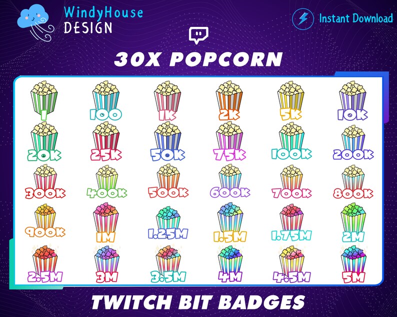 30x Popcorn Twitch Bit Badges, Full Twitch Bit Badges Set, Twitch Tier ...