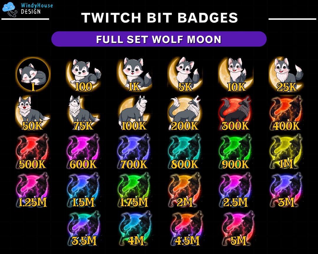 Full Set Wolf Moon Twitch Bit Badges/ Wolf Twitch Badges/ Wolf Badge ...