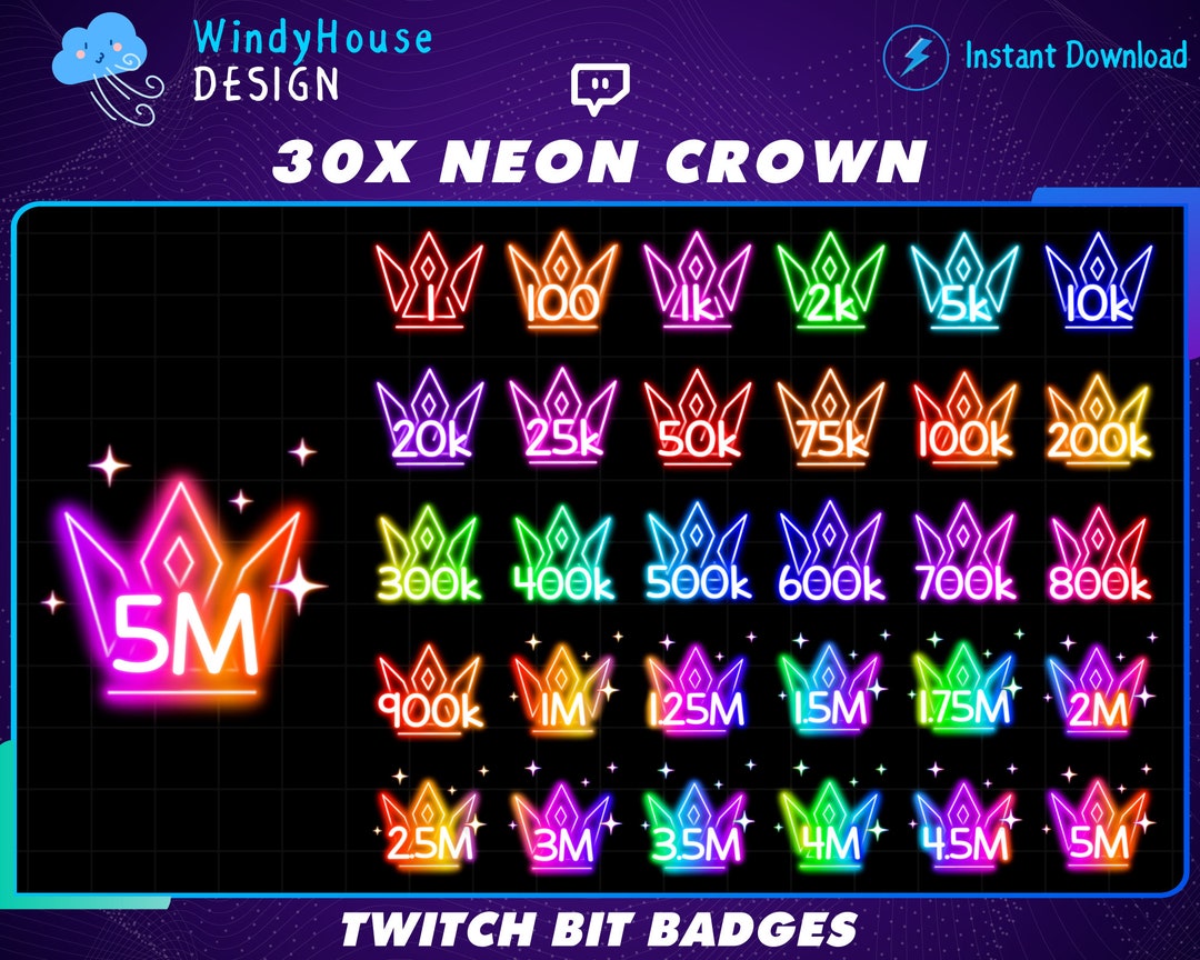 30x Neon Crown Twitch Bit Badges,diamond Crowns Bit Tier Badges, Number ...