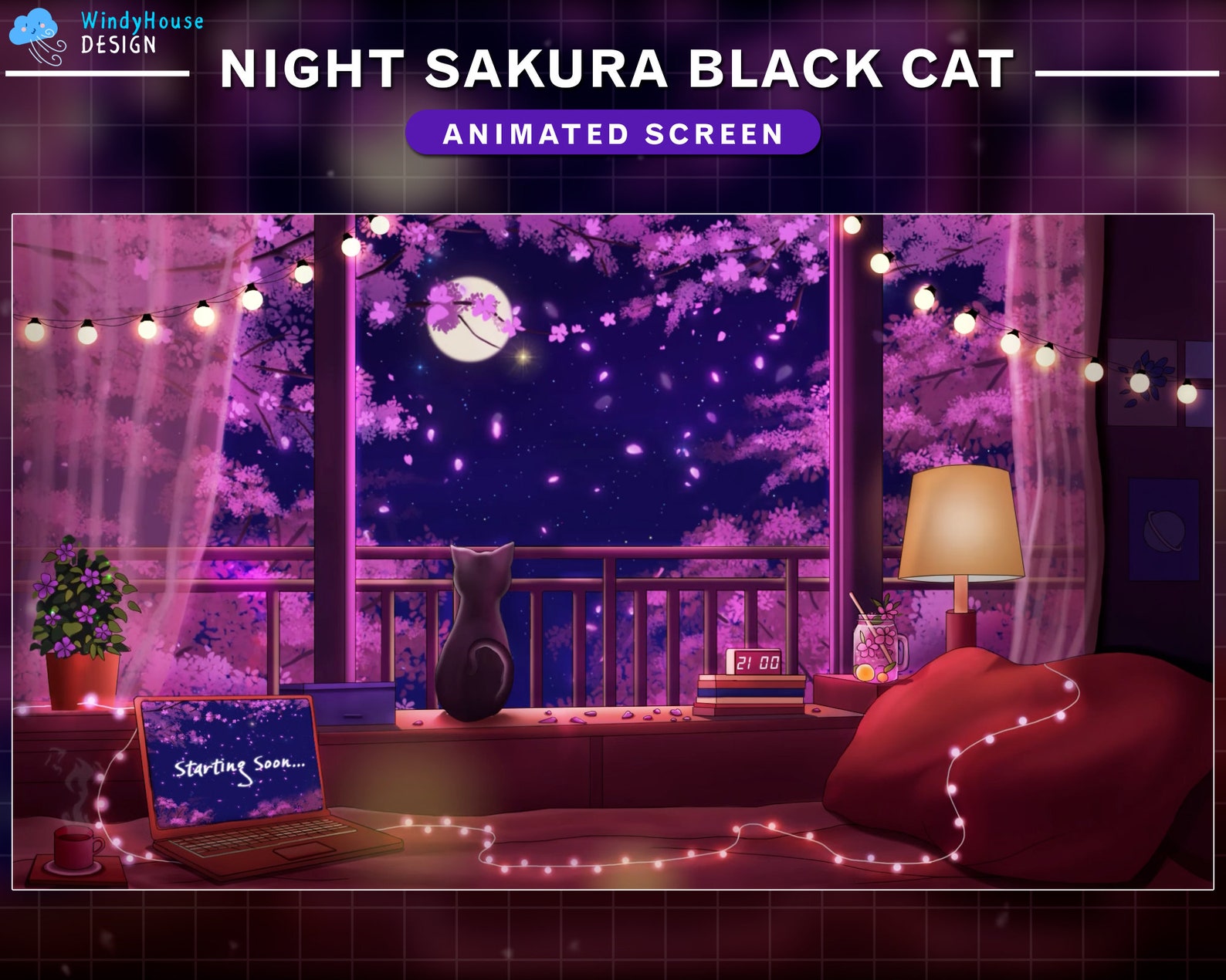Animated Twitch Screens Lo-fi Black Cat Cherry Blossom, Night Sakura ...