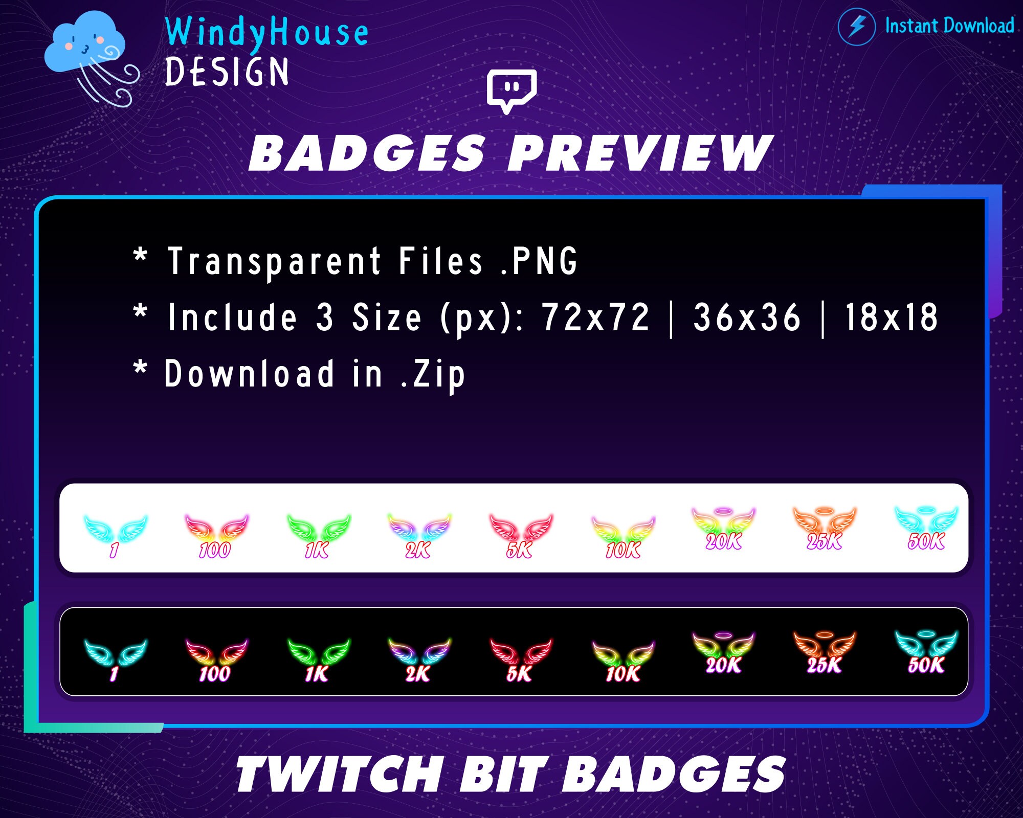 Set of 30 Neon Wings Angels Twitch Bit Badges, Colorful Wings Sub ...