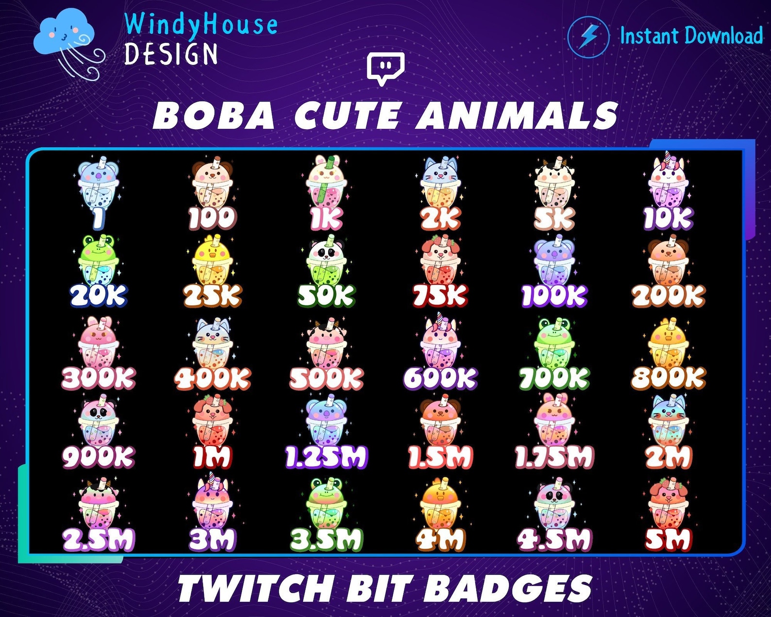30x Boba Tea Cute Animals Twitch Bit Badges Set, Cute Twitch Bit Badges ...