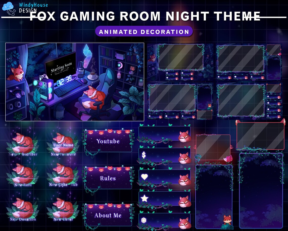 Cozy Fox Gaming Room Twitch Stream Package Night Theme, Animated ...