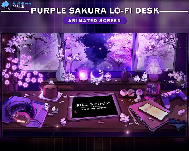 Animated Twitch Screens Purple Sakura Lo-fi Desk, Cozy Game Room With ...