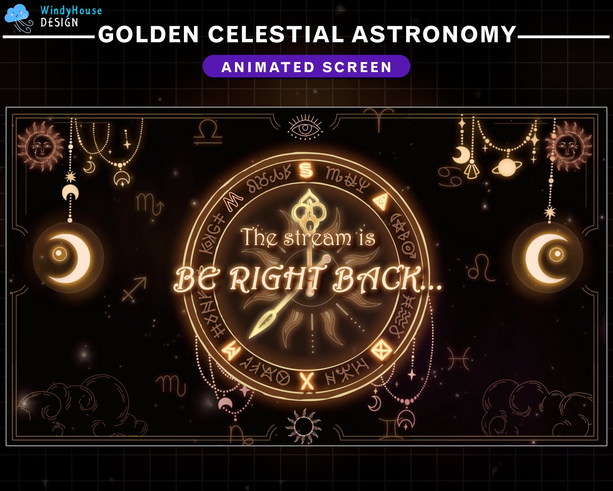 Animated Golden Celestial Astronomy Twitch Screens, Sun and Moon Tarot ...