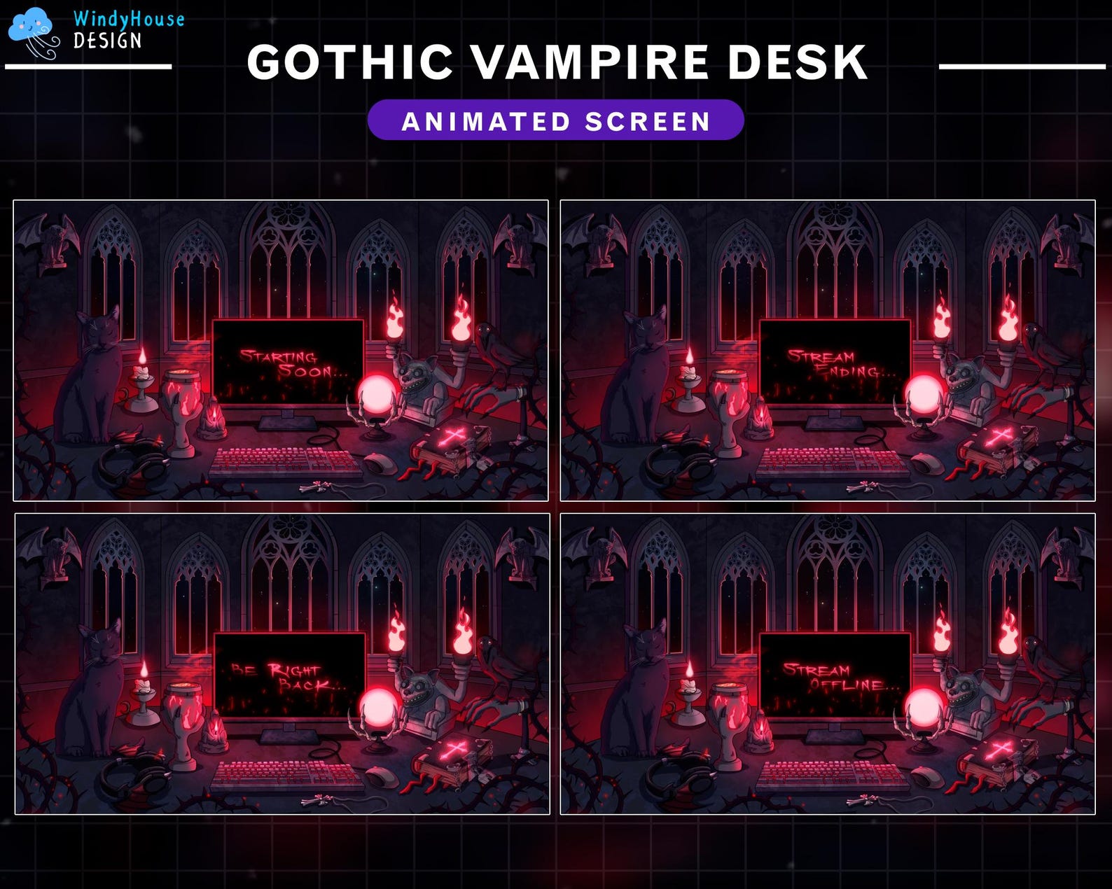 Animated Halloween Vampire Desk Stream Screens, Gothic Twitch Overlay ...