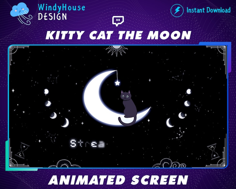 Animated Black Cat Twitch Stream Screen/ Celestial Night Overlays ...