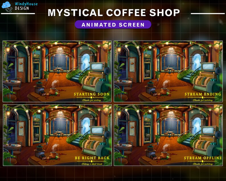 Animated Night Coffee Bar Stream Screens, Mystical Coffee Shop Overlay ...