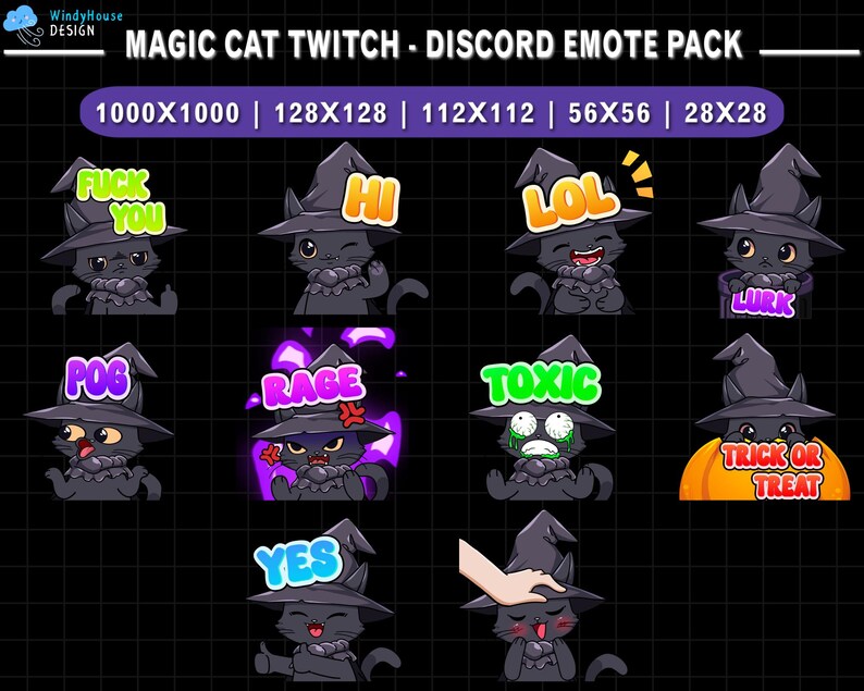 10x Animated Twitch Emotes Cute Black Cat, Witch Cat Emote Pack for ...