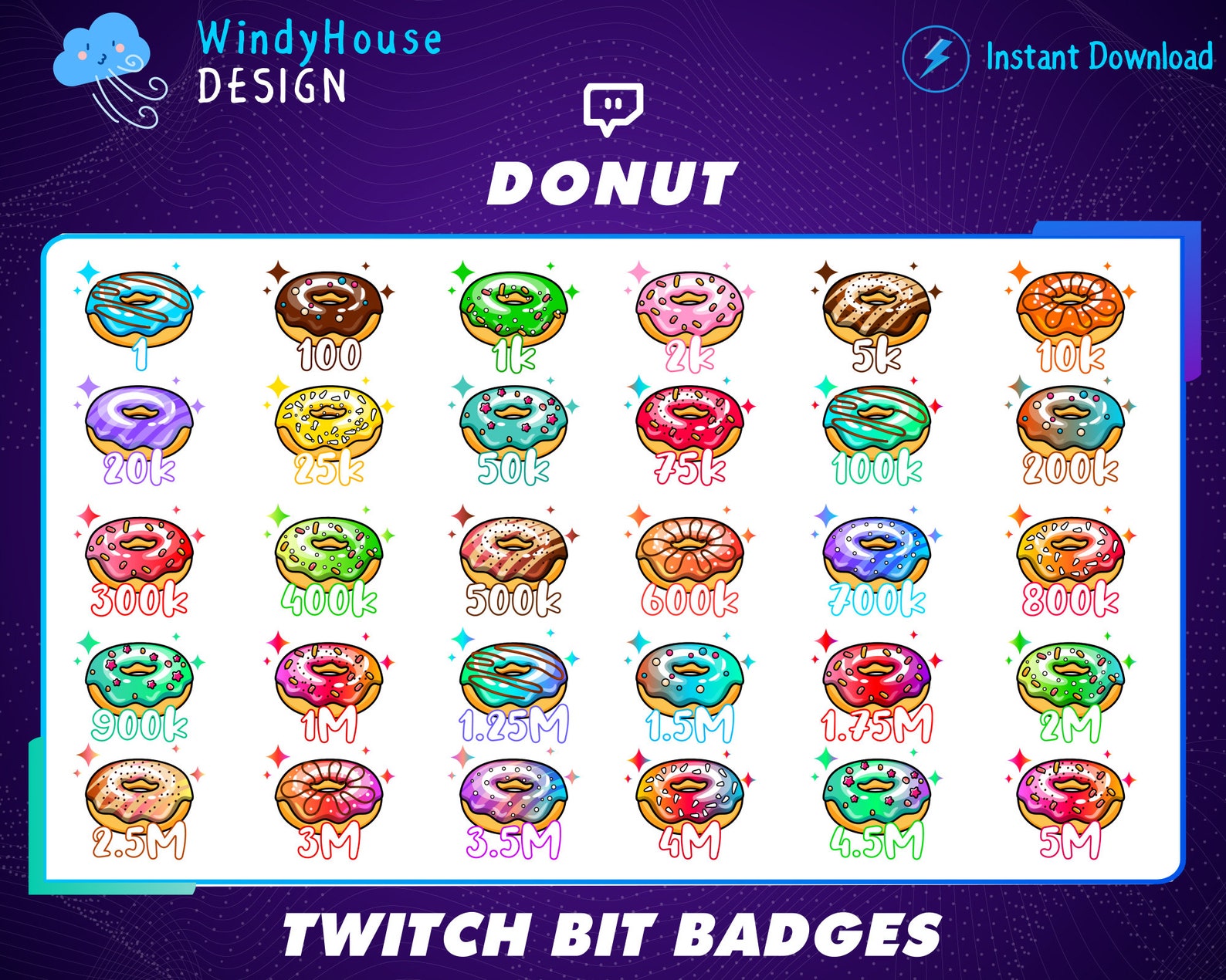 30x Donut Twitch Bit Badges / Complete Twitch Bit Badges Set/ Yemmy ...