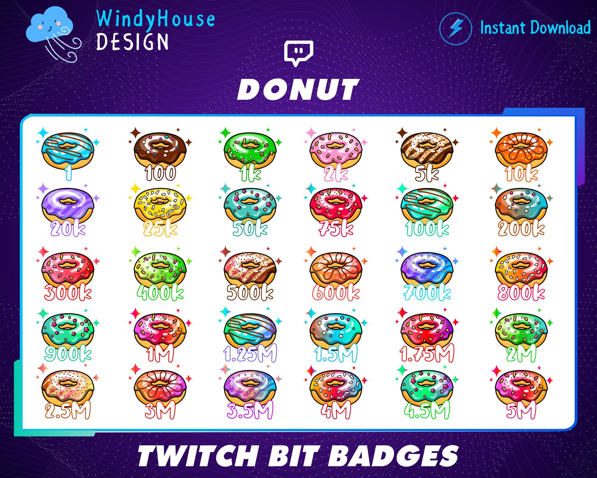 30x Donut Twitch Bit Badges / Complete Twitch Bit Badges Set/ - Etsy