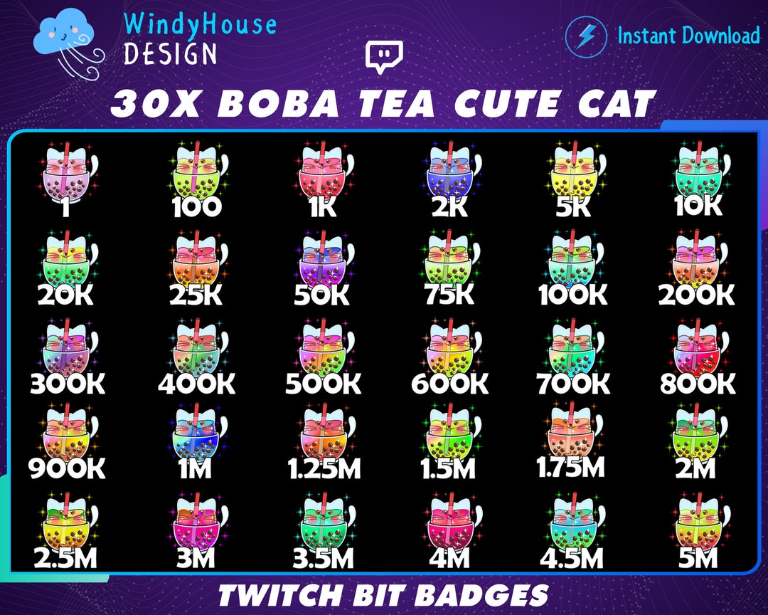 30x Boba Tea Twitch Bit Badges, Cute Cat Twitch Bit Badges Set, Twitch ...
