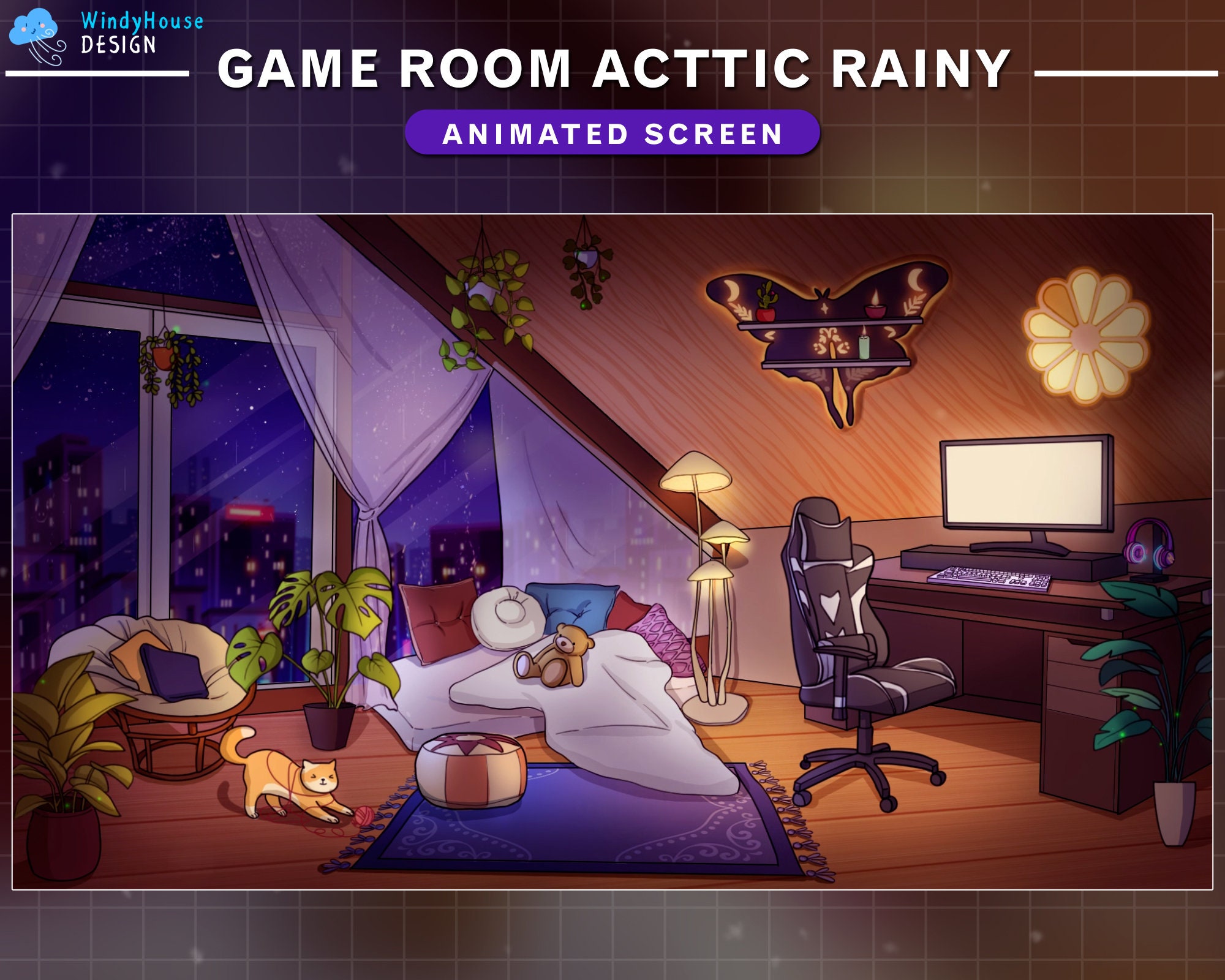 Animated Cozy Attic Game Room Stream Screens With Cute Cat - Etsy