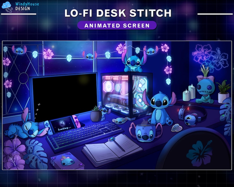 Animated Stream Screen Lo-fi Stitch Desk, Game Room Twitch Overlay With ...