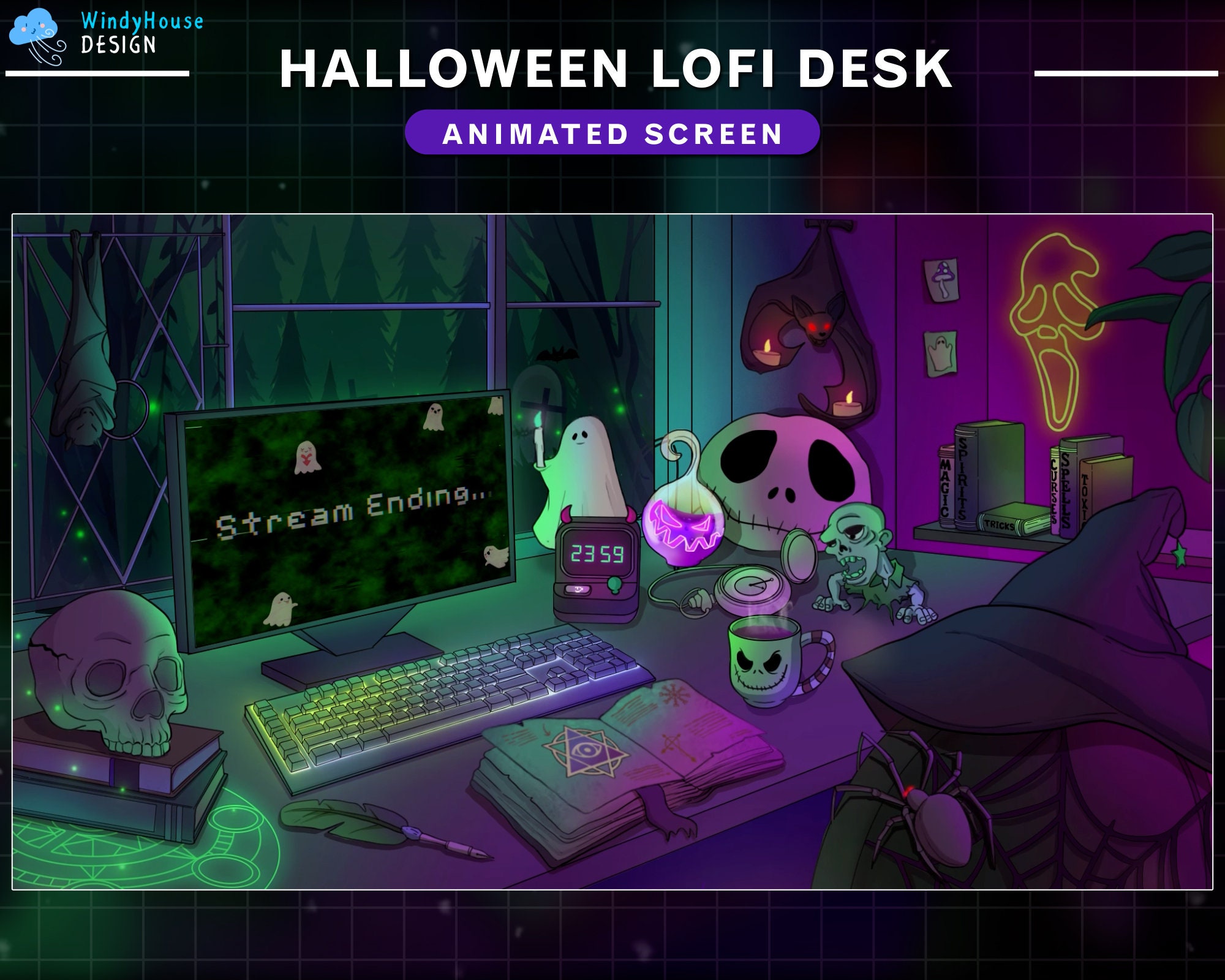 Animated Twitch Screens Halloween Lofi Desk Green Theme , Halloween ...
