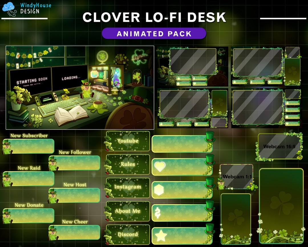 Animated Stream Full Package Four-leaf Clover Lofi Desk, Patrick's Day ...