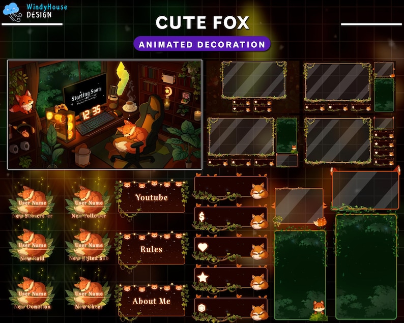 Cozy Fox Gaming Room Twitch Stream Package, Animated Overlay Set With ...