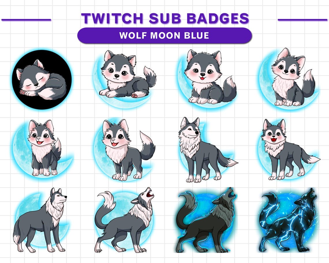 Wolf Moon Blue Twitch Sub Badges/ Wolf Twitch Sub Badges Set/ Moon ...