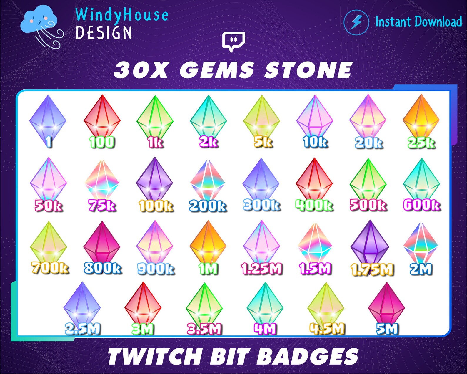 30x Gems Stone Twitch Bit Badges / Complete Twitch Bit Badges Set ...