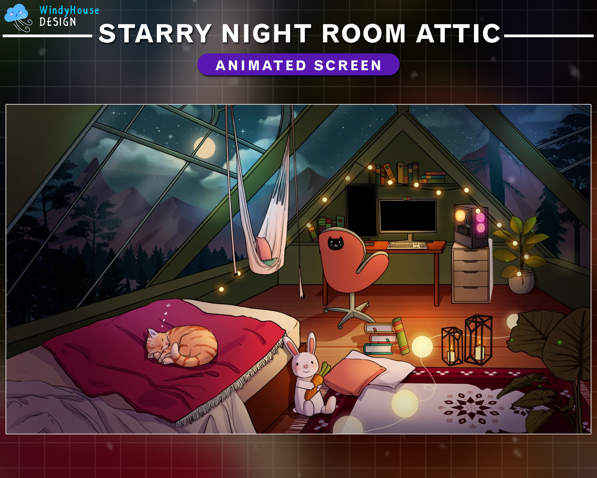 Animated Cozy Attic Bedroom Stream Screens With Cute Cat and Bunny ...