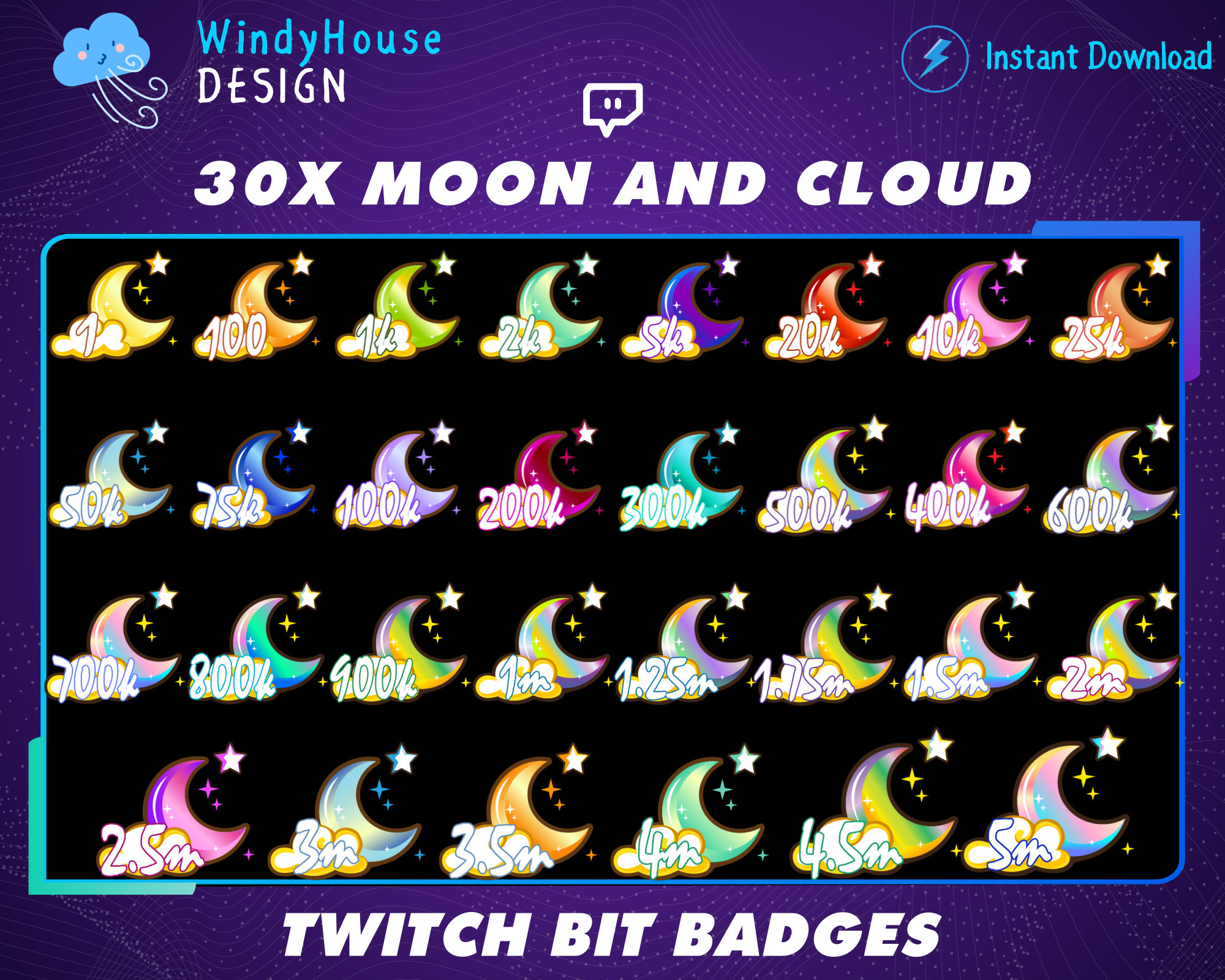 30x Moon and Cloud Twitch Bit Badges Complete Twitch Bit - Etsy