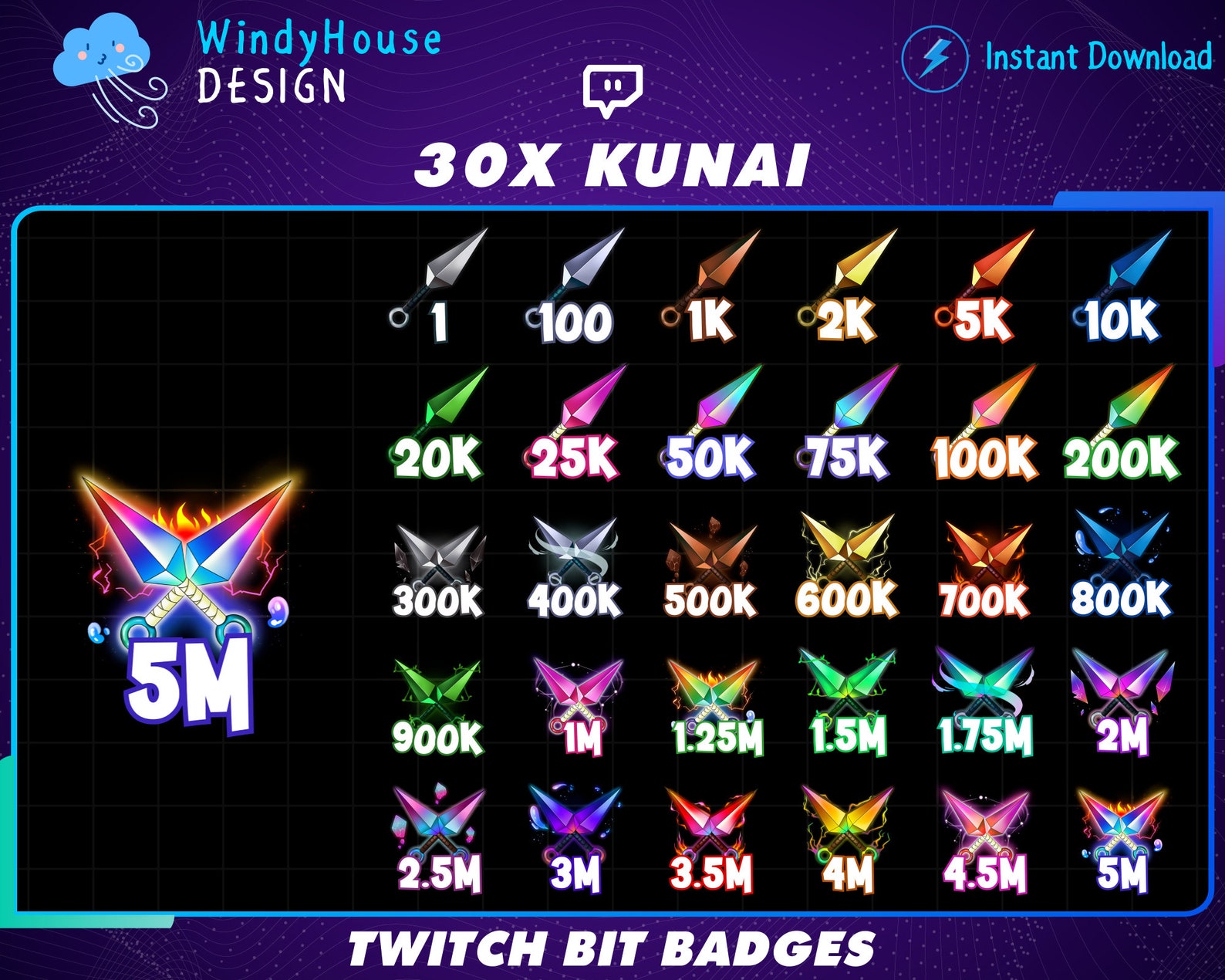 Set of 30 Kunai Twitch Bit Badges, Ninja Weapons Sub Badges for ...